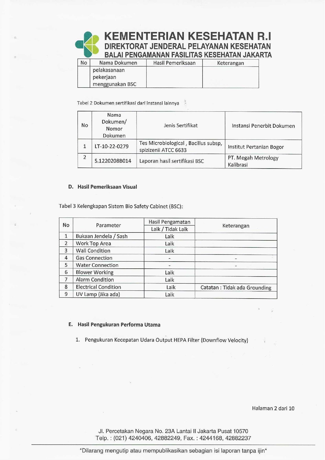 Laporan Hasil Inspeksi BSC 1100 II A2 Batavialab oleh BPFK