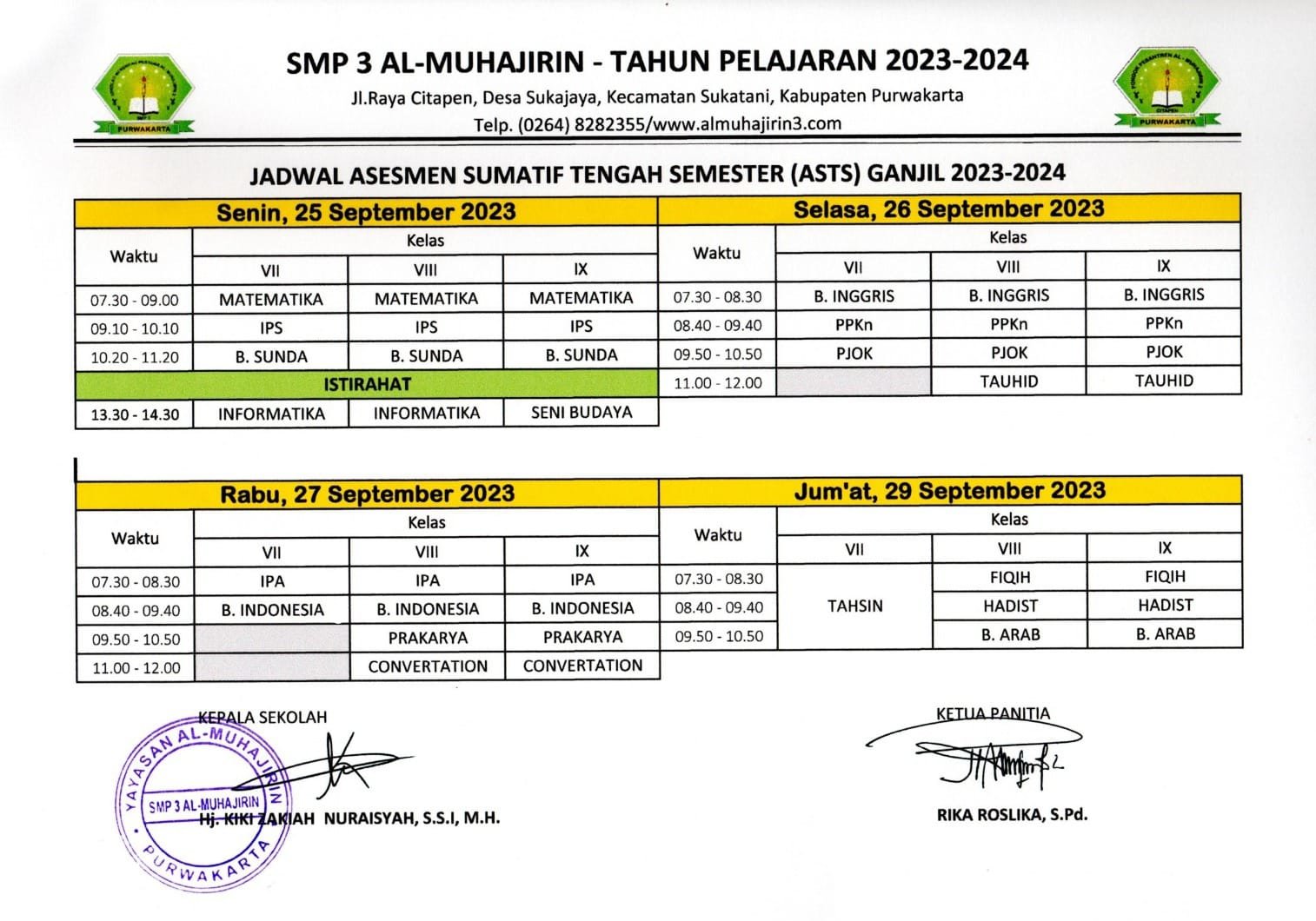Penilaian Tengah Semester (PTS) SMP-SMK-SMA AL-MUHAJIRIN 3 Tahun Ajaran 2023-2024